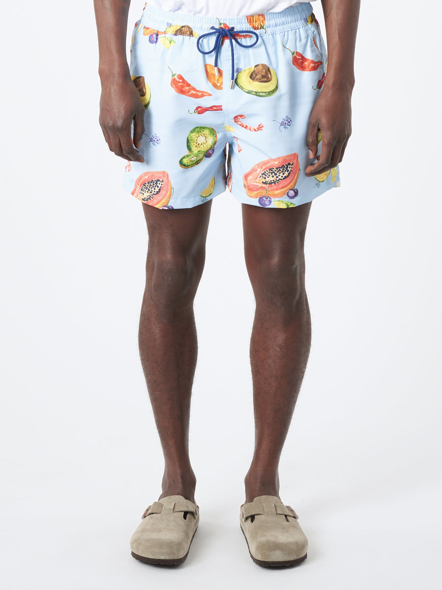 Paul Smith - Tropical Fruit Print Long Swim Shorts in Blues – gravitypope