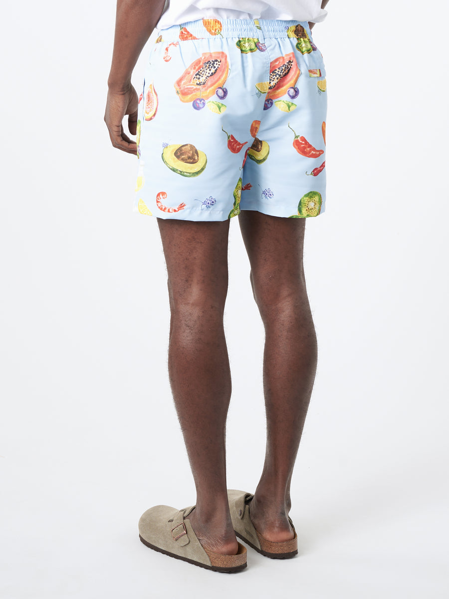 Paul Smith - Tropical Fruit Print Long Swim Shorts in Blues – gravitypope